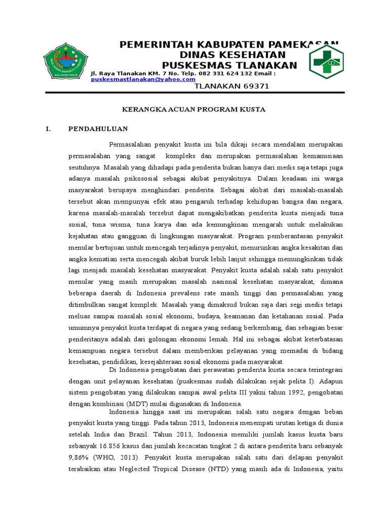 Kerangka Acuan Kegiatan Program Kusta Puskesmas Tlanakan | PDF