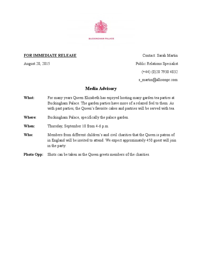For Immediate Release: Media Advisory | PDF