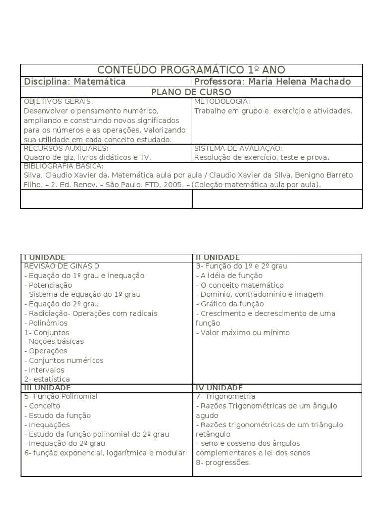 Conteúdo Programático 1º Ano | PDF