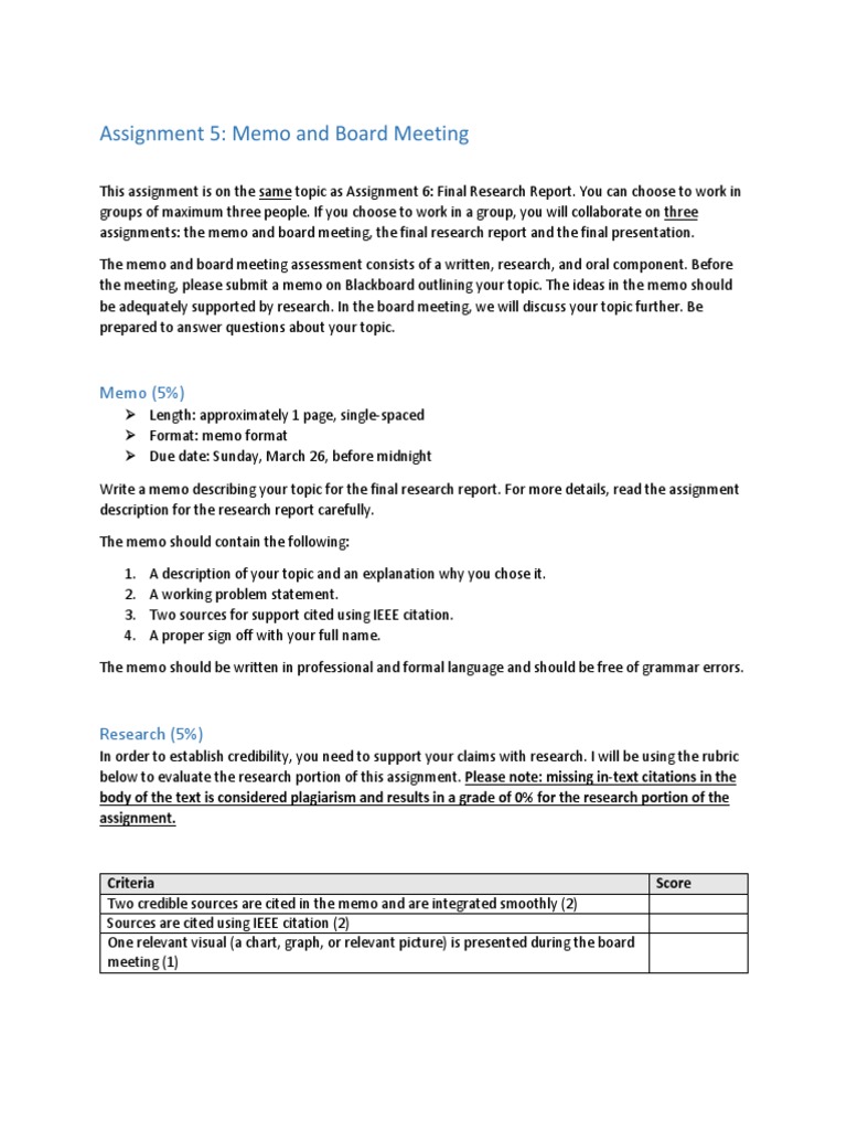 Assignment Description Memo and Board Meeting | PDF | Citation | Rubric ...