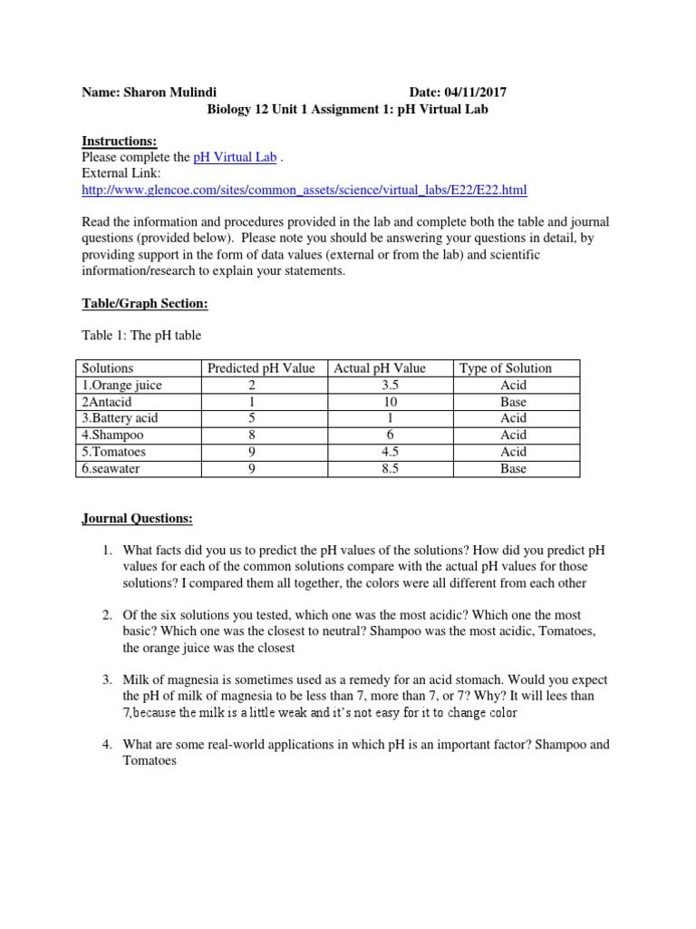 pH Virtual Lab Assignment Overview | PDF | Cooking, Food & Wine | Wellness
