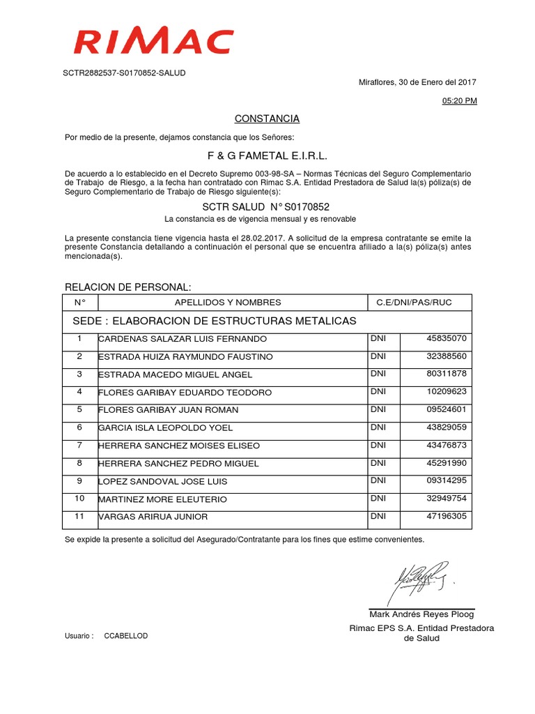 Febrero Constancia SCTR Salud Rimac | PDF