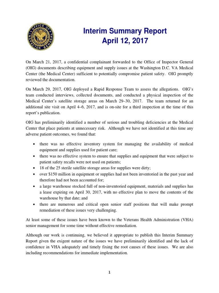 VA Medical Center Interim Summary Report | Veterans Health ...