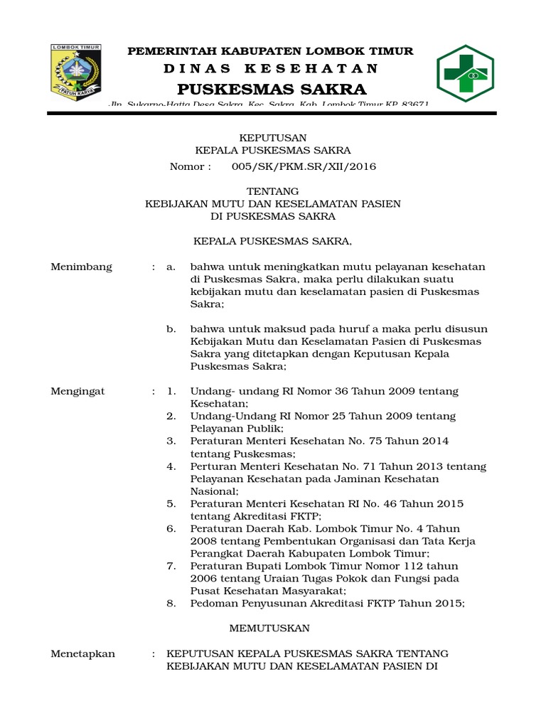 SK Kepala Puskesmas Tentang Kebijakan Mutu | PDF | Kesehatan Holistik | Sains & Matematika