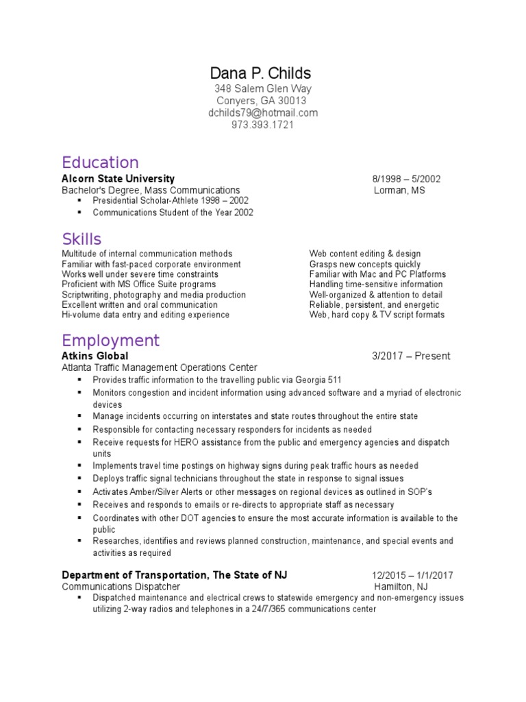 Dana Childs Resume | PDF | Dispatcher | Traffic