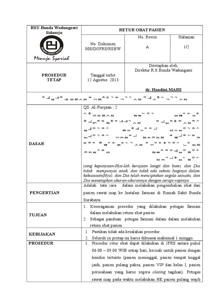 Prosedur Retur Obat RS Bunda Wadungasri | PDF