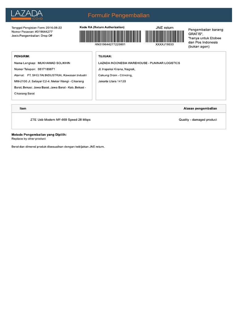 Lazada - Formulir Pengembalian Barang | PDF