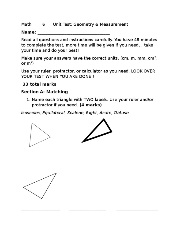 Geometry and Measurement Unit Test | PDF | Triangle | Geometric Shapes