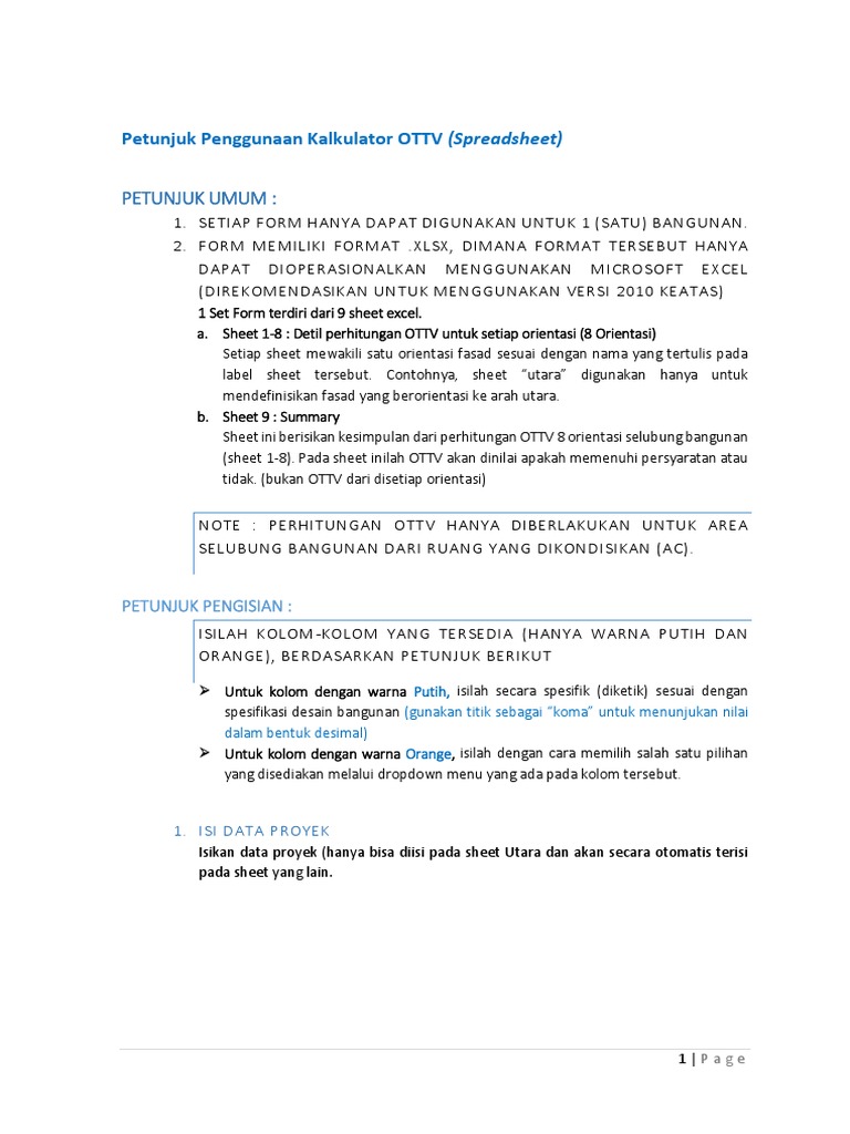 Petunjuk Kalkulator OTTV Excel | PDF