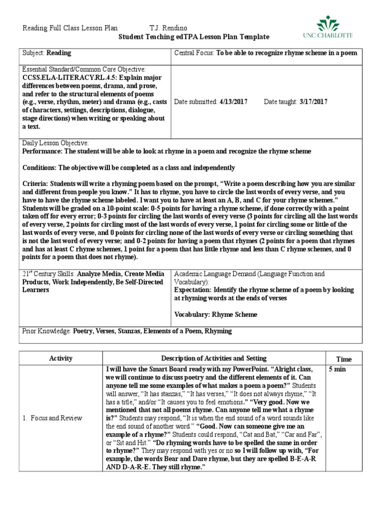 Reading Full Class Lesson Plan | PDF | Rhyme | Poetry