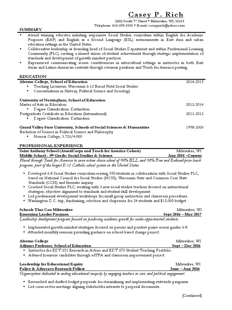 casey p rich resume | English As A Second Or Foreign Language | Curriculum