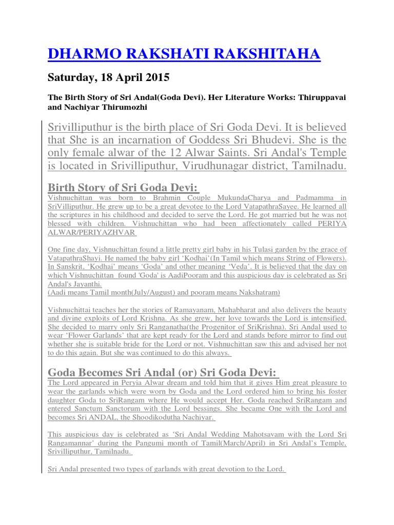 Birth of Andal | PDF | Hindu Literature | Hindu Mythology