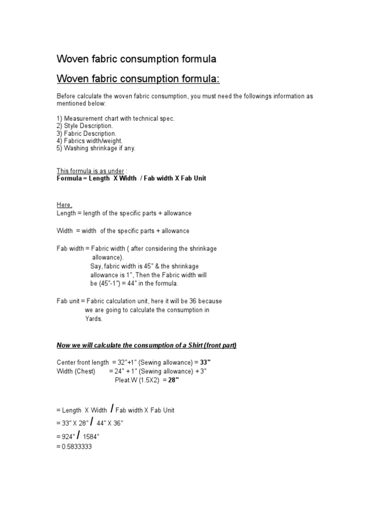 Woven Fabric Consumption Formula | PDF