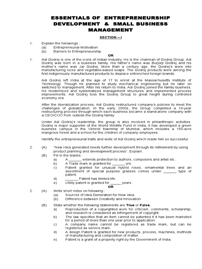 Sample Question Paper - Entrepreneurship Development | PDF ...