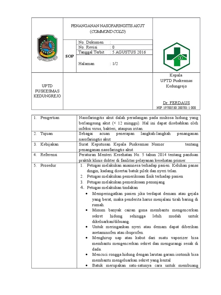 Sop Nasofaringitis Akut (Commond Cold) | PDF