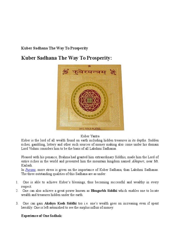 Kuber Sadhana The Way To Prosperity | PDF | Indian Religions | Religious Behaviour And Experience