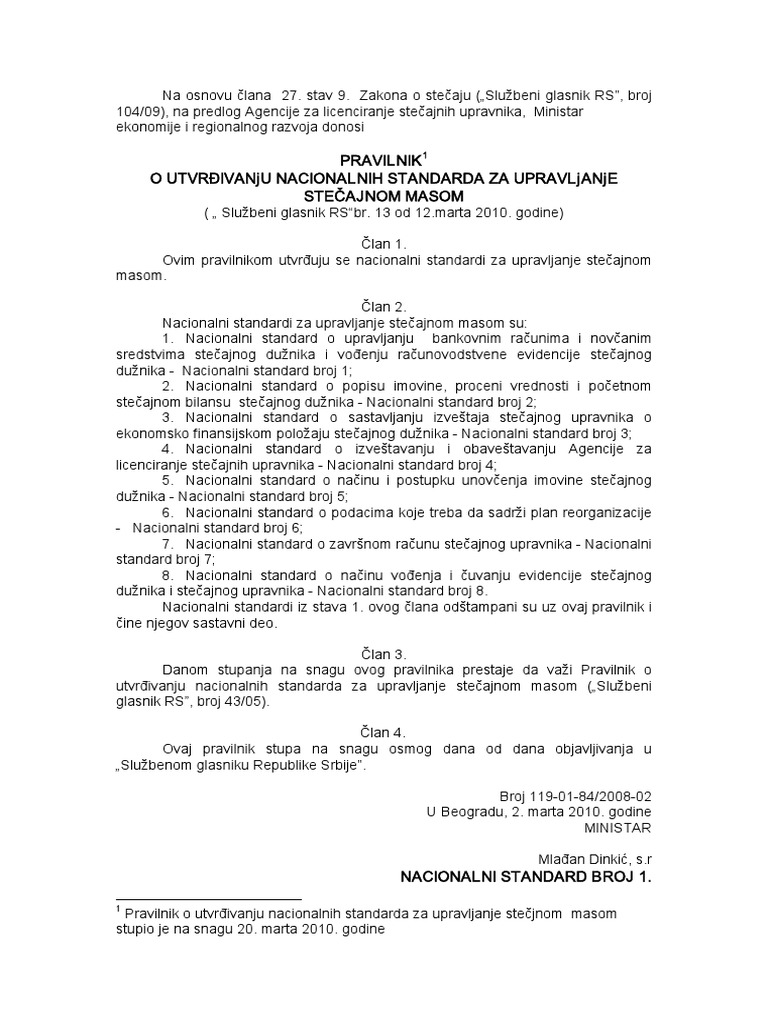 Pravilnik Za Utvrdjivanje Nacionalnih Standarda Za Upravljanje Stecajnom Masom Lat | PDF