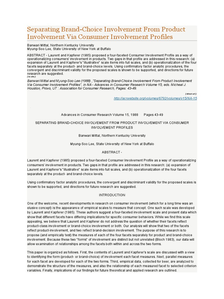 Brand vs Product Involvement Scales | PDF | Factor Analysis | Affect ...