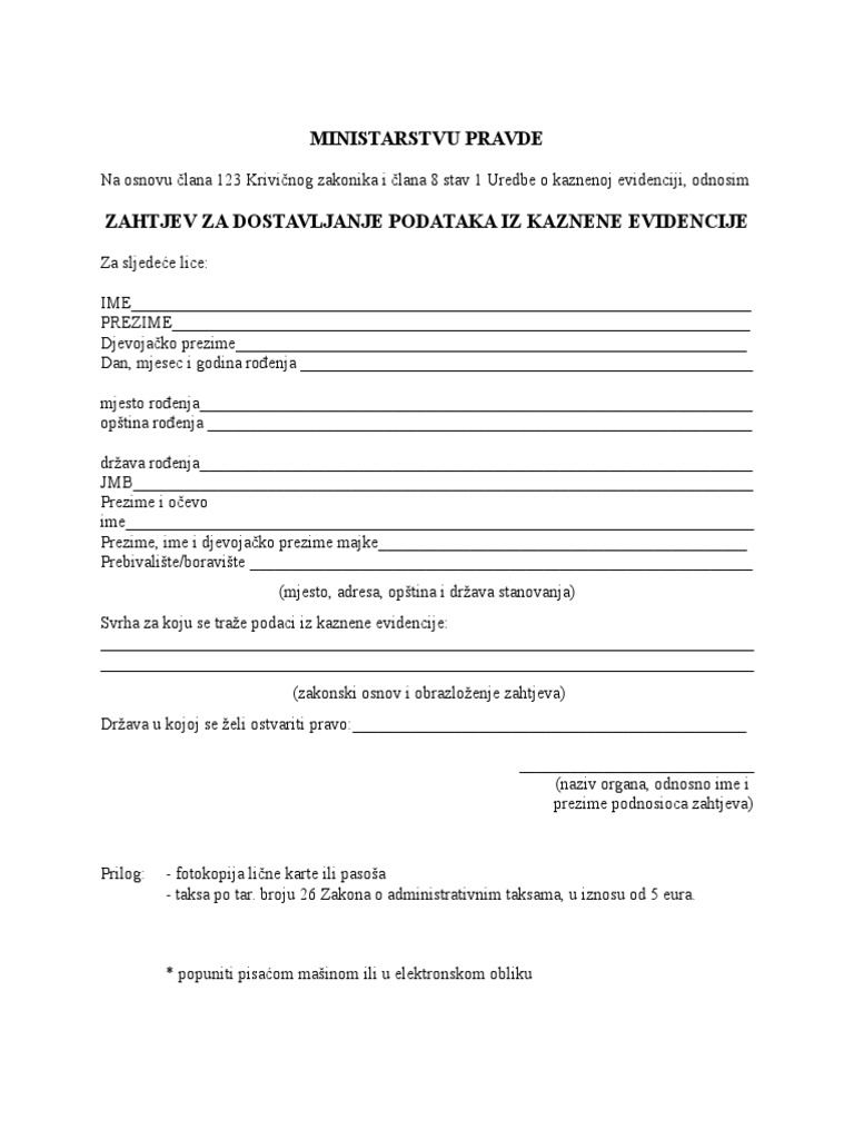 Zahtjev Za Dostavljanje Podataka Iz Kaznene Evidencije | PDF