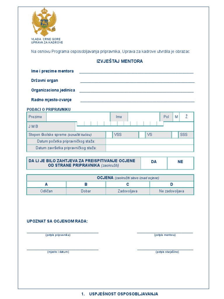 Obrazac Za Ocjenu Pripravnika Izvjestaj Mentora | PDF