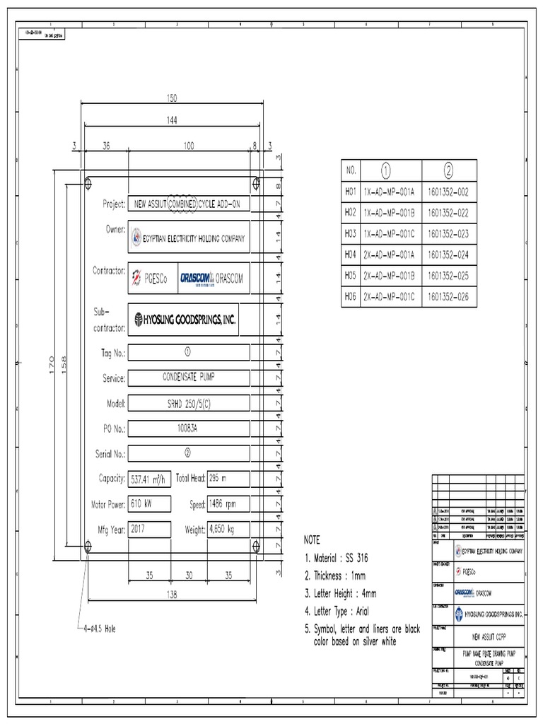 1601352-CEP-021 - Pump Name Plate Drawing For CEP - Rev.C | PDF