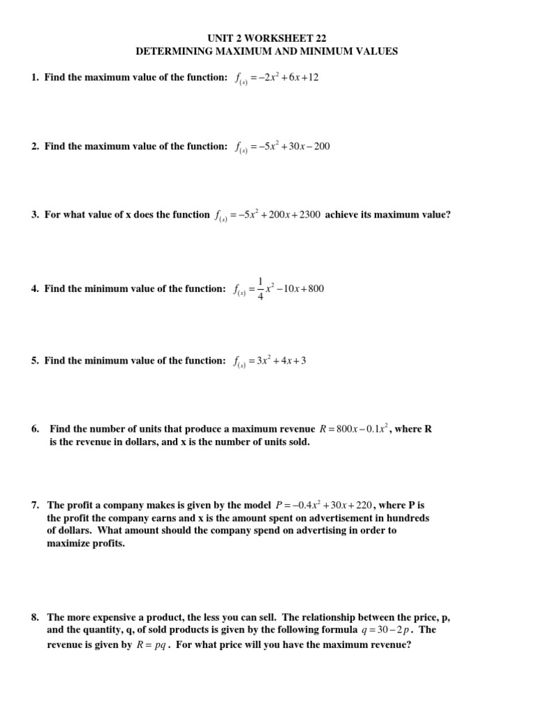 Unit 2 Worksheet 22 Max Min Values | PDF | Prices | Revenue