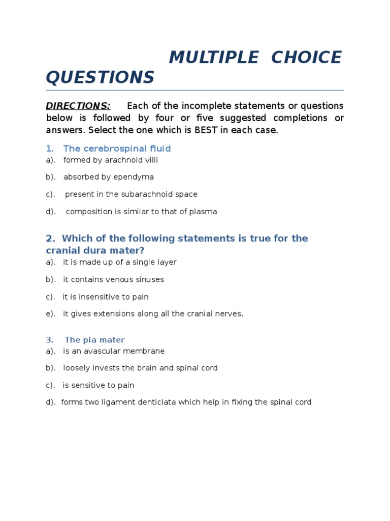 Multiple Choice Questions | PDF | Cerebellum | Neuroanatomy
