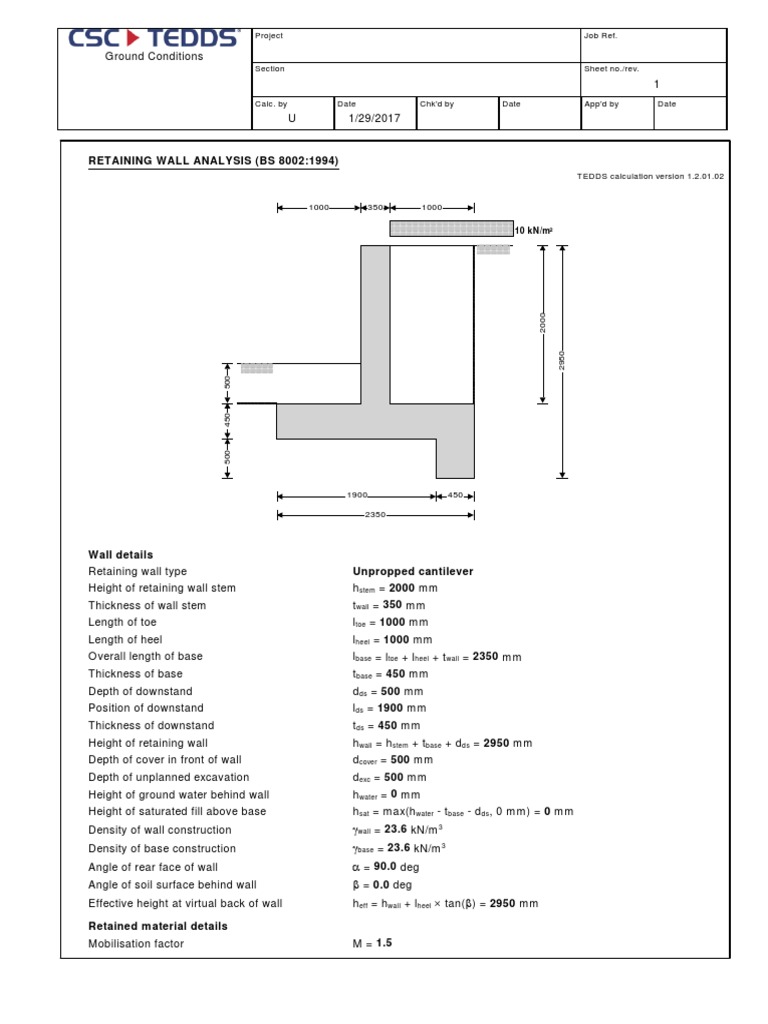 Retaining Wall Analysis & Design (BS8002 - 1994) | PDF | Shear Stress ...
