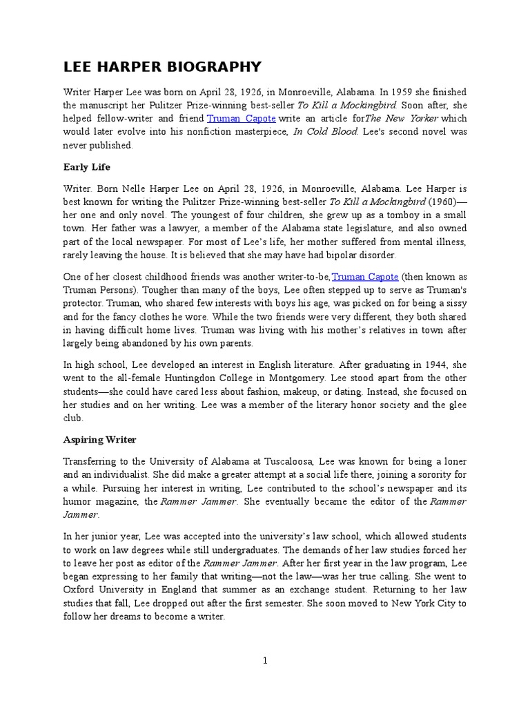 Lee Harper Biography | PDF | To Kill A Mockingbird | Harper Lee
