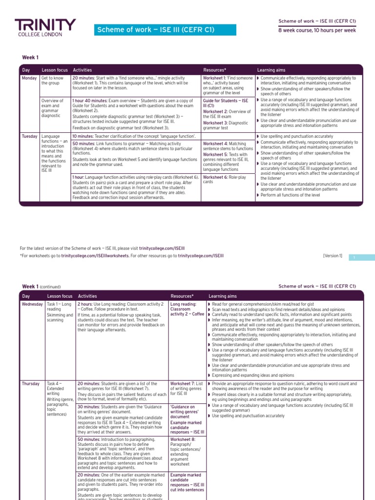 ISE III Scheme of Work - Version 1 | PDF | Reading Comprehension ...