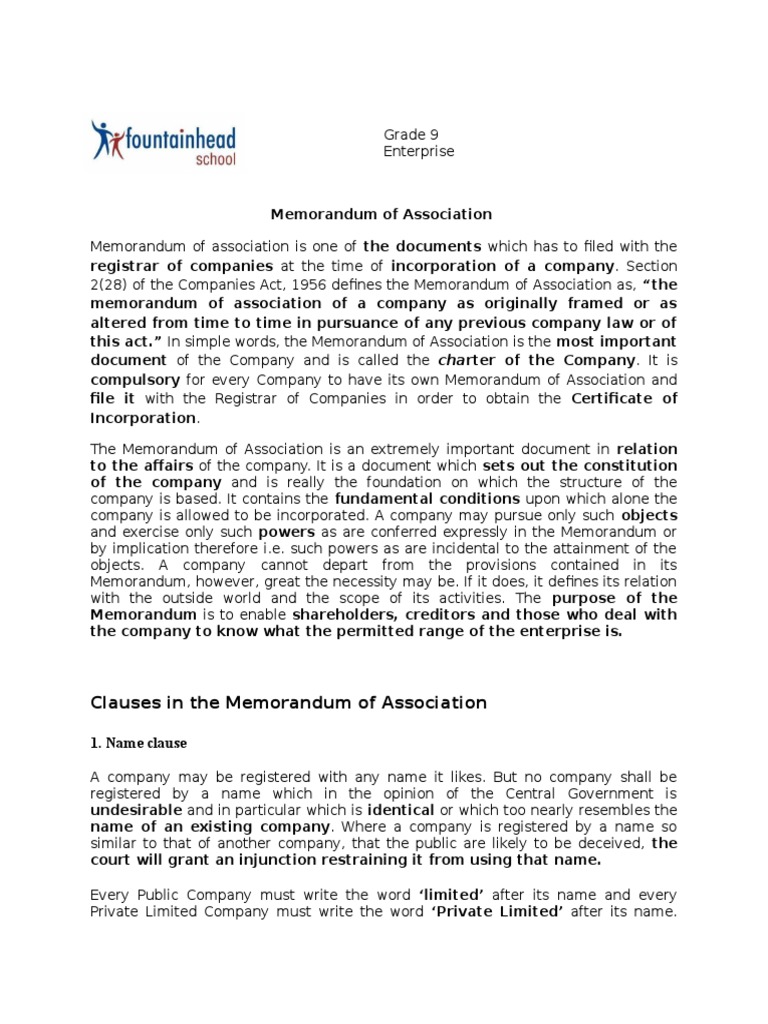 Key Clauses of Memorandum of Association | PDF | Business Law | Social ...