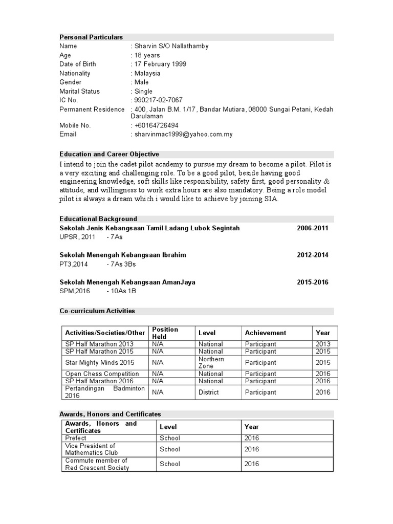 SPM Leaver Resume for Cadet Pilot | PDF | Cognition