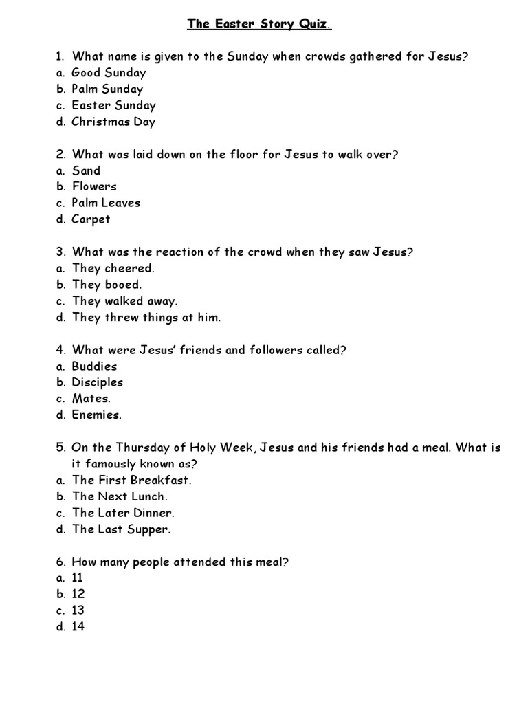 The Easter Story Quiz | PDF | Resurrection Of Jesus | Meal