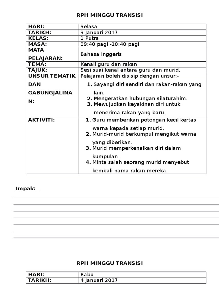 Week 1 RPH Minggu Transisi English | PDF