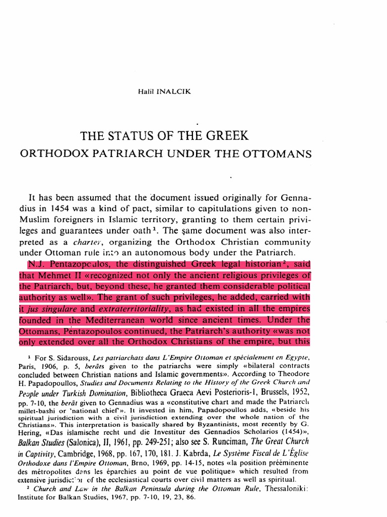 The Status of The Greek Orthodox Patriarch Under The Ottomans | PDF ...