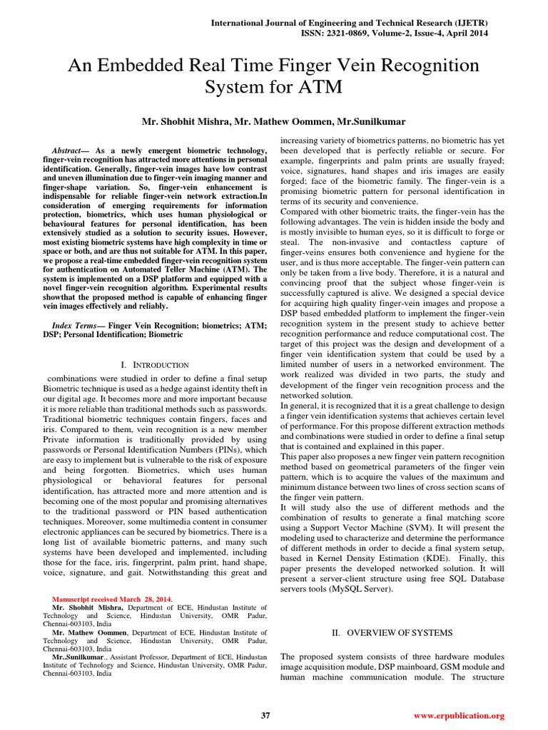An Embedded Real Time Finger Vein Recognition System For ATM | PDF | Biometrics | Support Vector ...