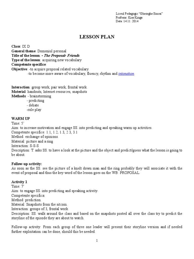 The Proposal, Friends, Lesson Plan | PDF | Learning | Communication