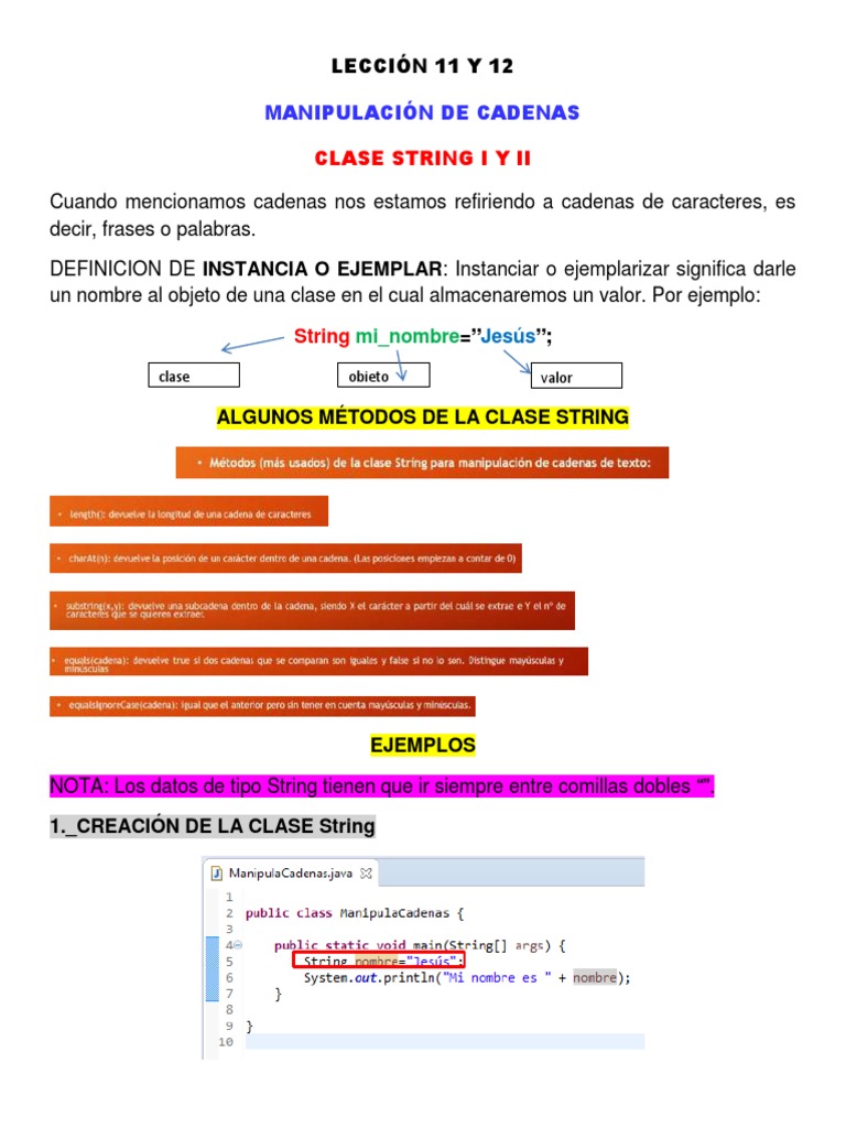 Lección 11 y 12 (Cadenas de Caracteres, Instanciar o Ejemplarizar, Clase String, Métodos de La ...