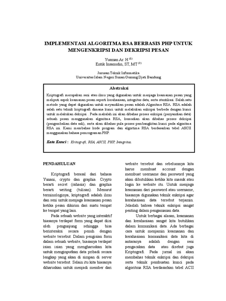 Implementasi Algoritma RSA Berbasis PHP Untuk Mengenkripsi Dan Dekripsi Pesan | PDF