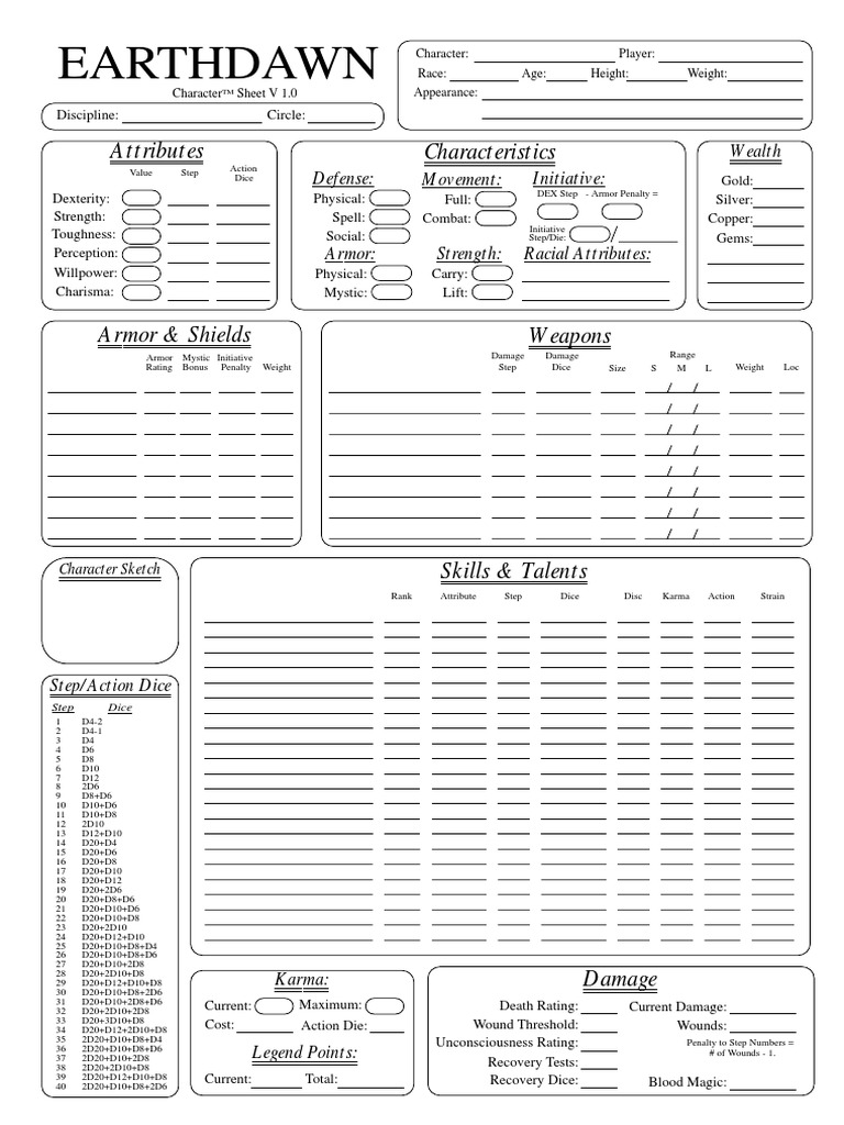 Earthdawn Character Sheet v1.0 PDF | PDF | Role Playing | Leisure ...