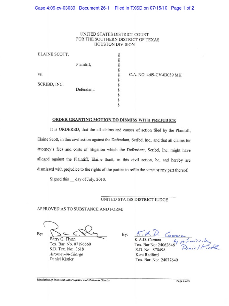 Court Order for Dismissal of Scott v. Scribd | Prejudice (Legal Term ...