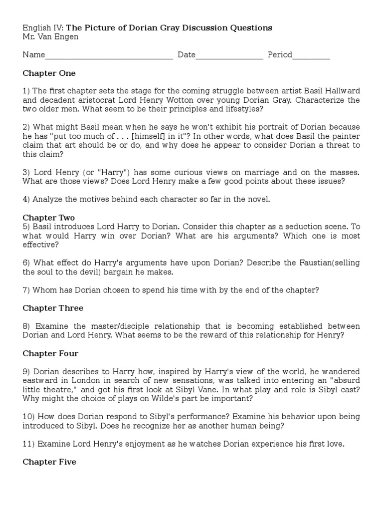 Dorian Gray: Discussion Questions Overview | PDF | The Picture Of ...