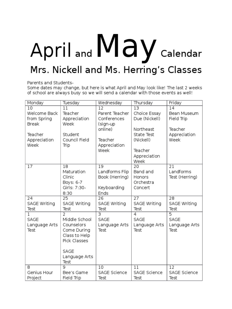 April and May Calendar | PDF | Entertainment (General) | Science