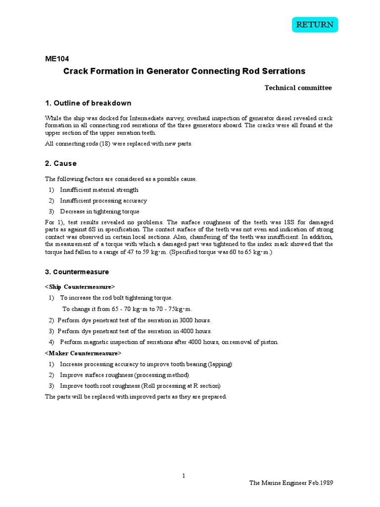 Crack Formation in Generator Connecting Rod Serrations: Return | PDF
