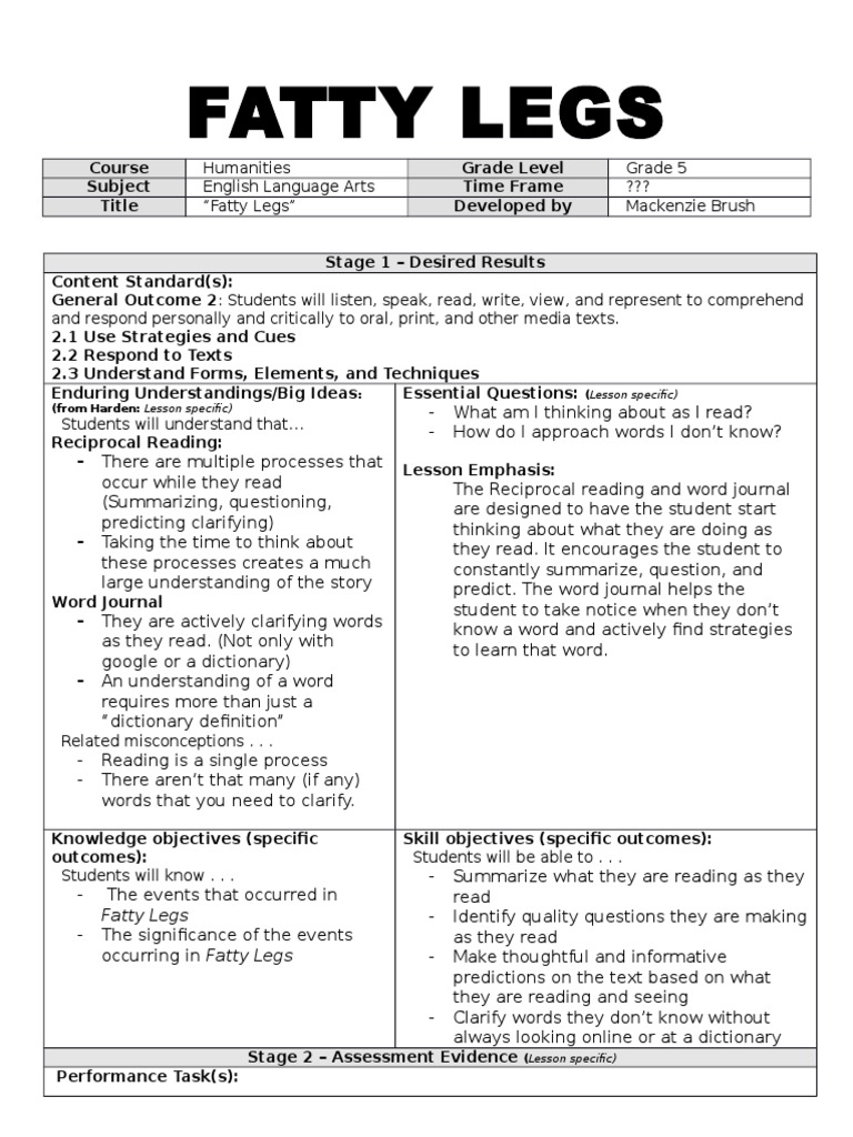 Fatty Legs Lesson Plan | PDF | Reading (Process) | Educational Assessment