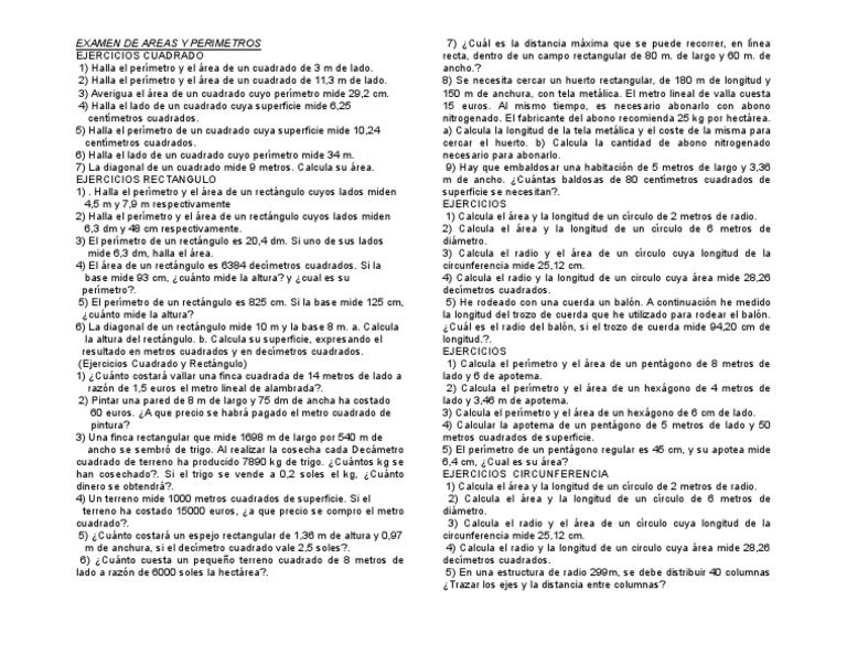 Examen de Áreas y Perímetros | PDF | Longitud | Rectángulo