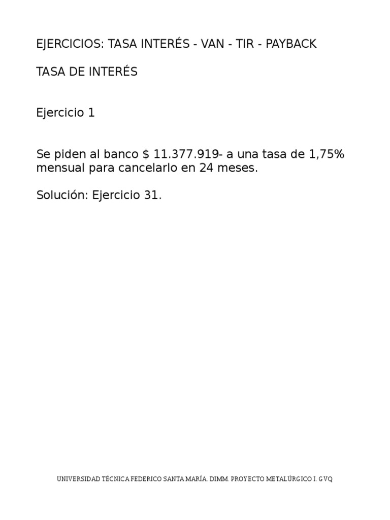 Ejercicios de Finanzas: VAN, TIR y Payback | PDF | Hoja de cálculo | Economias