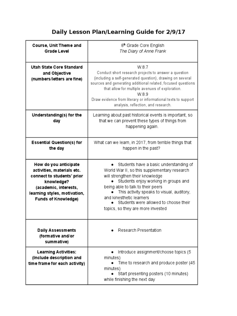 Daily Lesson Plan/Learning Guide For 2/9/17: The Diary of Anne Frank ...