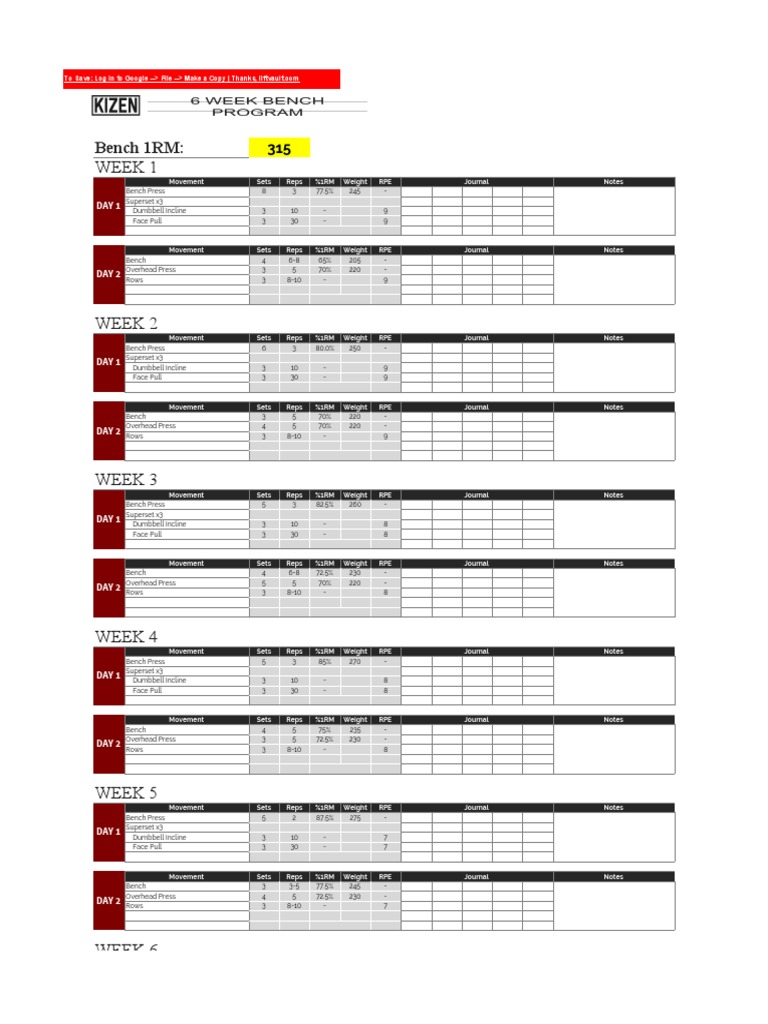 KIZEN 6 Week Bench Program | Download Free PDF | Recreation ...