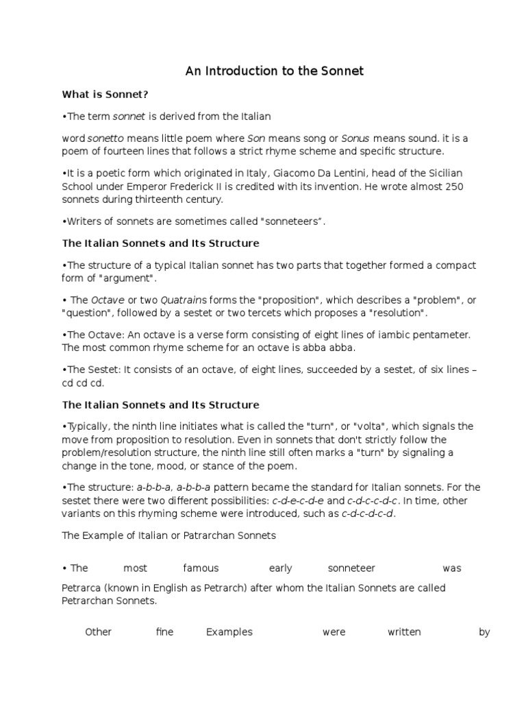 Introduction to Sonnets and Structures | PDF | Sonnets | Shakespeare's ...